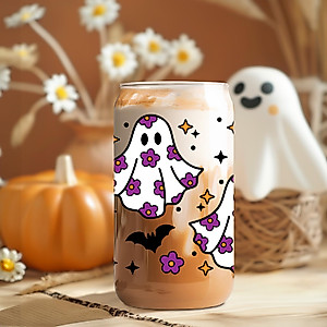 Coolife Purple Flower Ghost Halloween Cup, Cute Daisy Ghost Iced Coffee Cup, 16oz Floral Ghost Halloween Tumbler Glass Cups w/Lids Straws - Boo Basket Stuffers for Her, Halloween Gifts for Women Girl