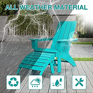Adirondack Chair with Ottoman Weather Resistant Fire Pit Chairs with Footrest HDPE Outdoor Adirondack Chair for Patio Front Porch Pool Garden Deck Fire Pit Outside, Teal