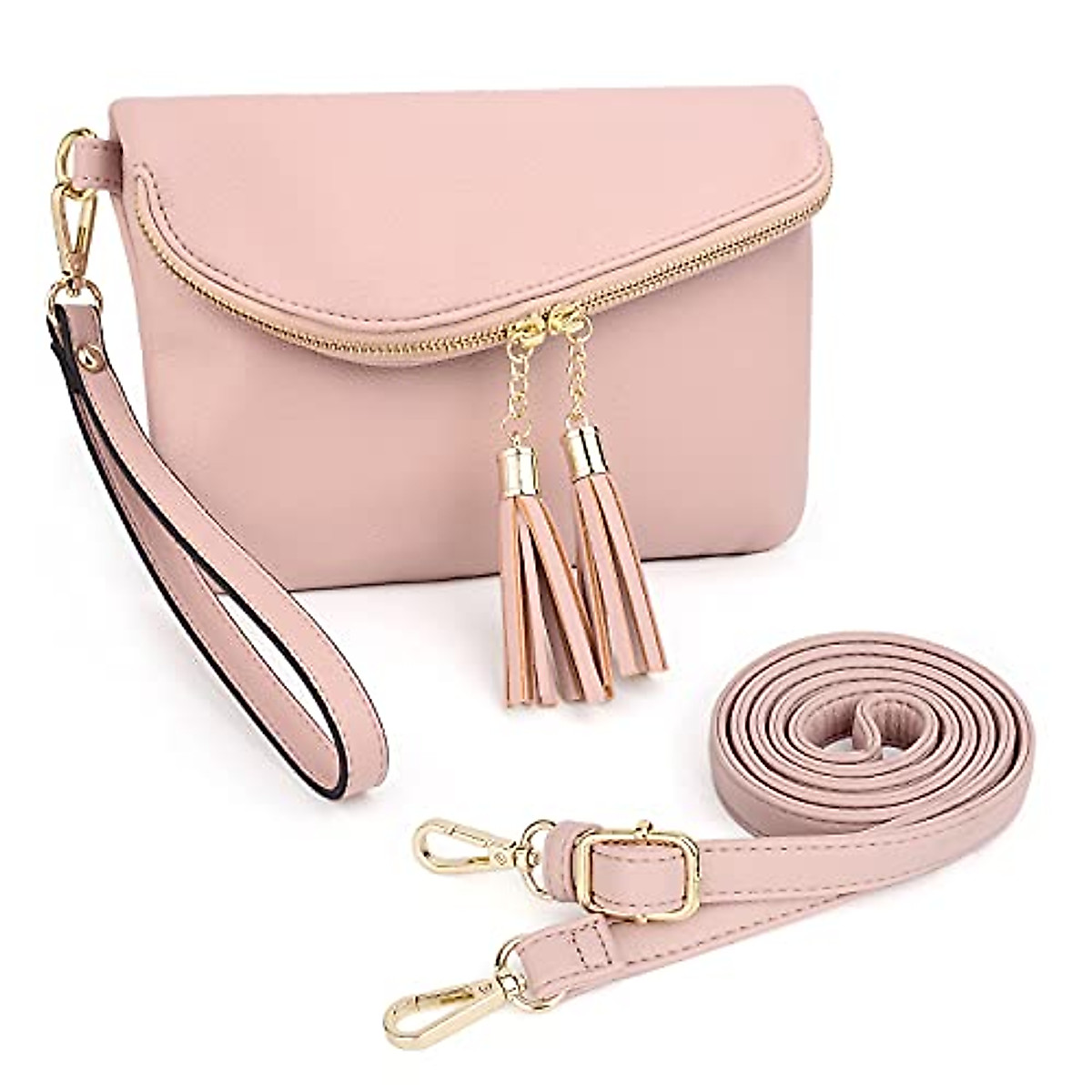 UTO Envelope Wristlet Clutch Crossbody Bag for Women Double Tassel Cellphone Trendy Purse with Strap and Zip Pocket Light Pink