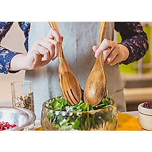 Salad Servers, Wood Salad Tongs, 10.2in Salad Spoon and Fork Set, Long Handle Salad Server Set for Mixing, Tossing and Cooking (Salad Spoon and Fork Set)