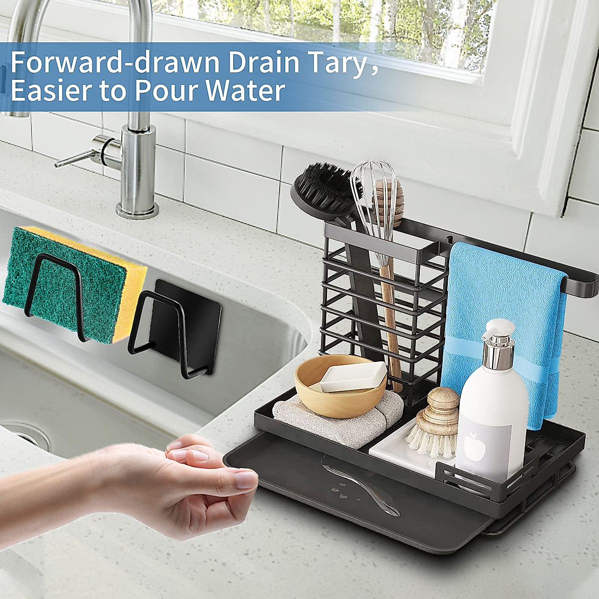 ROMINVIC Sink Caddy Organizer,Kitchen Caddy for Sponge Dishcloth Brush Holder with Black Drain Tray and 2 Sponge Holders 304 Stainless Steel Rustproof