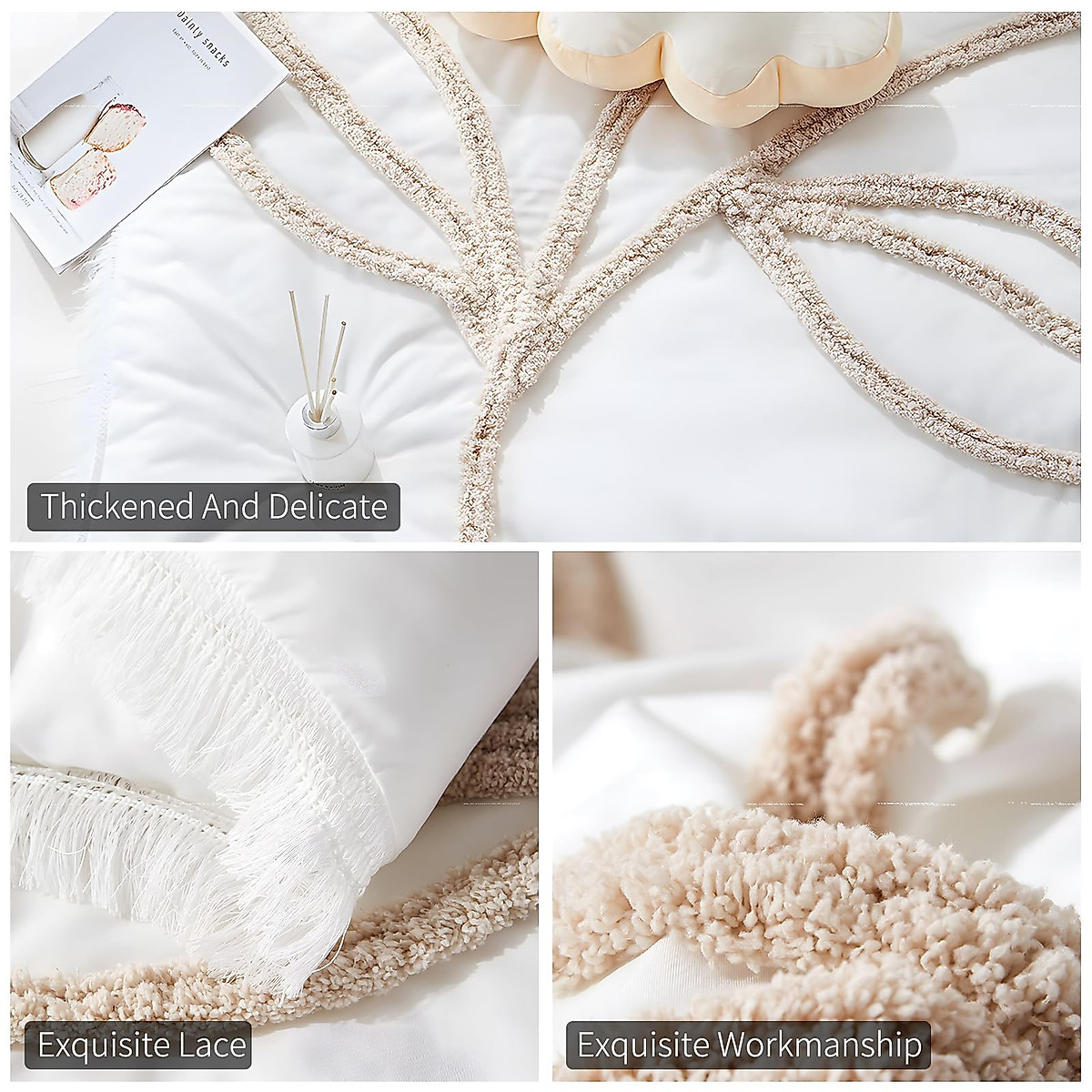 Rvciby Boho Leaf Duvet Cover Queen Size,Soft Microfiber Bedding Set with Tassel and Tufted Pattern,3 Pieces,1 Duvet Cover with Zipper Closure & Corner Ties and 2 Pillow Shams,90 X 90 Inches (White)