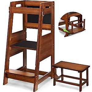 TOETOL Bamboo Toddler Step Stool Learning Kitchen Stool Standing Tower for Toddler Kitchen Counter Helper Stool 3 Height Adjustable with Activity Chalkboard and Whiteboard Message Boards,Non-Slip Mat