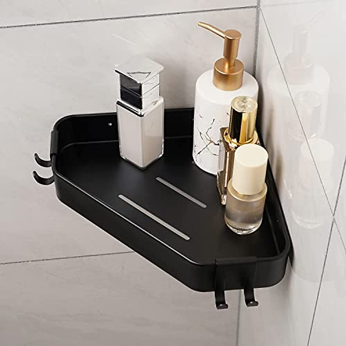 Veefos Corner Shower Caddy with Razor Holders, Shower Organizer Corner Shower Shelf Bathroom Shelf Storage Rack Floating Shelf, Space Aluminum(1 Pack, Black)