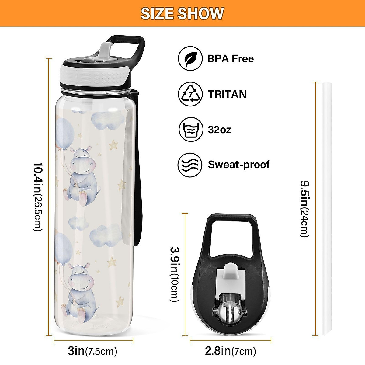 FLildon Cloudy Hippo Water Bottle with Straw Lid 32oz Leakproof Clear Gym Water Bottles for Women Men Outdoor Sport Drinking