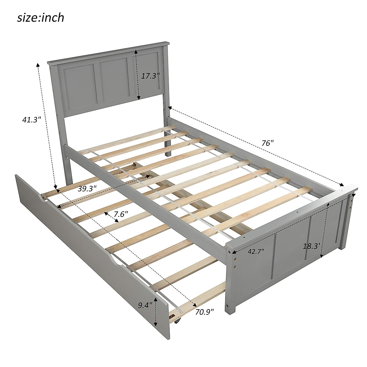 P PURLOVE Twin Size Bed Frame with Trundle,Wood Platform Bed with Twin Size Trundle Bed,Twin Platform Bed Frame with Headboard with Slat Support, No Box Spring Need
