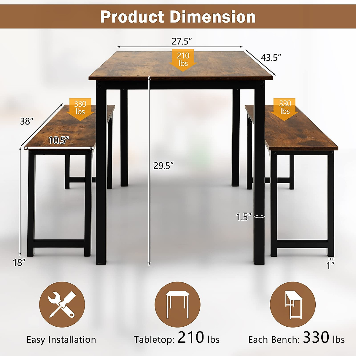Giantex Dining Table Set for 4, Industrial Kitchen Table Set w/ 2 Benches, Space-Saving Dinette Set for Breakfast Nook, Dining Room, Kitchen, Easy Assembly (Mix Brown)