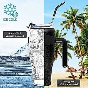 LAOION 40 oz Tumbler with Handle and Straw,Stainless Steel Mug with Leak Proof Screw Seal Lid,Dual Insulated Large Cup with handle,Keeps Drinks Cold for 24 Hrs,Sweat Proof,BPA Free-Black Leopard