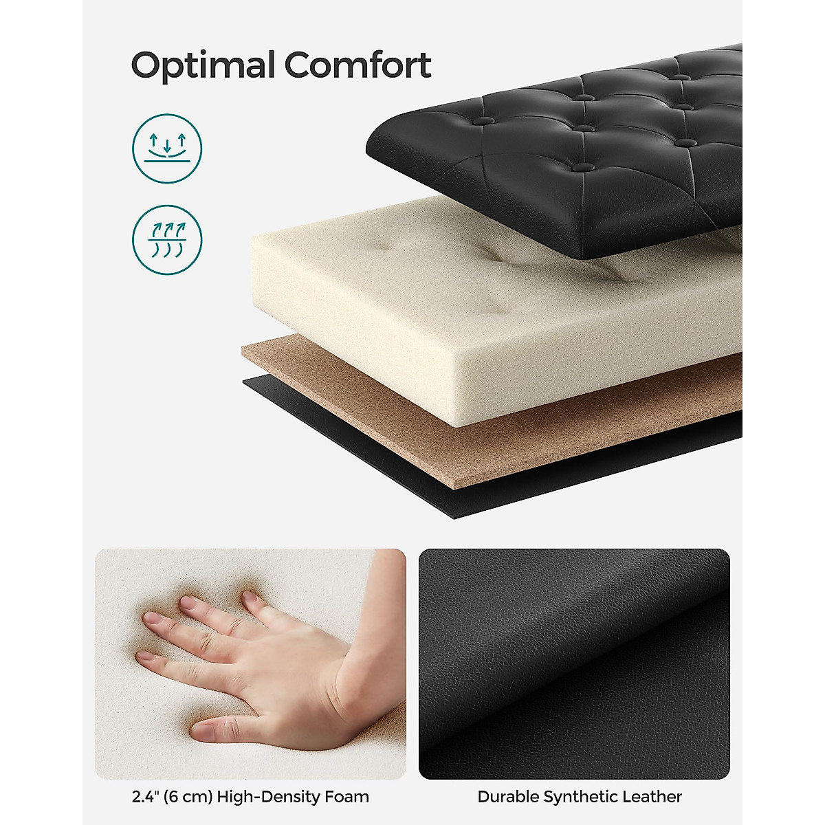 SONGMICS Storage Ottoman, Storage Bench, Tufted Entryway Bedroom Bench, 17.7 x 46.5 x 17.7 Inches, Hinges Easy Lid Operation, Wooden Legs, Synthetic Leather, Loads 330 lb, Classic Black ULOM071B01