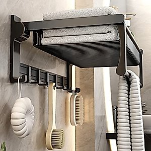 VOLPONE Towel Rack for Bathroom Towel Storage Wall Mounted Foldable Towel Shelf with Towel Bar Hooks No Assembly Required 24-Inch Black