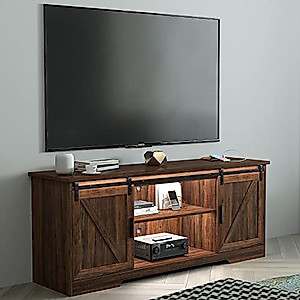 Kasibie Farmhouse 65" TV Stand, Modern LED TV Stand Brown, Entertainment Center with Storage Cabinet, Sliding Barn Door Media Cabinet (Brown)