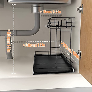 eHooyau Pull Out Cabinet Organizer 2 Tier Under Sink Slide Out Kitchen Cabinet Storage Shelf Metal Sliding Storage Basket Drawer for Kitchen Bathroom Pantry Cabinet,Least 13.6 Inch Cabinet Opening