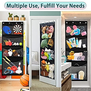 Stuffed Animal Storage, Over The Door Organizer Storage for Filling Stuff Toys, Stuffed Animals Holder with 4 Pockets, Foldable Portable Durable Hanging Storage Holder for Room (Black)