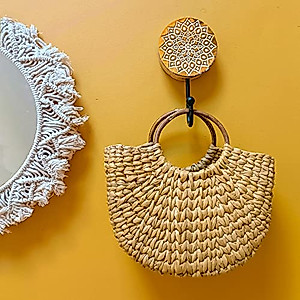 Mandala Life ART Boho Chic Decorative Wall Hook - Pack of 3 - Natural Raw Mango Wood - Hand Curved Wooden Stamp with Metal Hook for Coats,Towels, Keys,Clothes - Jewelry Hanger