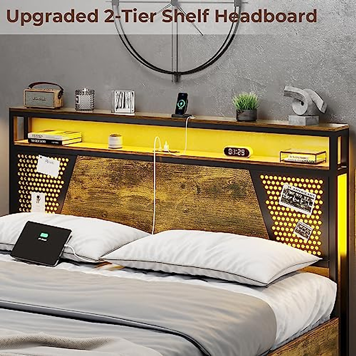 BTHFST Queen Bed Frame with Charging Station & Built-in LED Lights Headboard, Metal Platform Bed Frame with Drawers, No Squeak/No Box Spring Needed/Steel Slat Support, Vintage Brown & Black