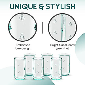 Amici Home Regina Hiball Glass | 18 Oz | Italian Made, Recycled Green Glass | Drinking Glass with Embossed Bee Design for Water, Juice, Iced Tea, Cocktails (Set of 6)