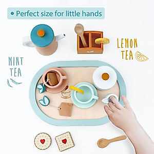 PairPear Wooden Tea Set for Little Girls, Wooden Toys Toddler Tea Set Play Kitchen Accessories for Kids Tea Party with Play Food.