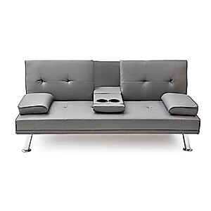 Eafurn Faxu Leather Convertible Sofa Bed with Cup Holders,Folding Futon Couch Recliner Sleeper Loveseat Reversible Daybed, Button Tufted Sofabed with Removable Pillow Top Armrests, Grey 67"