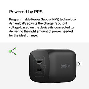 Belkin 65W Dual USB-C Wall Charger, Fast Charging PD 3.0 w/GaN Technology for iPhone Series, iPad Pro 12.9, MacBook, Galaxy Series, Tablet, & More - Black