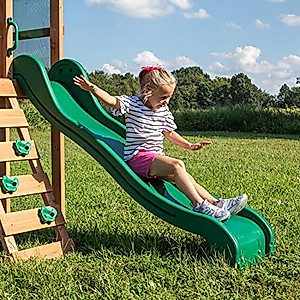 Backyard Discovery Buckley Hill Wooden Swing Set, Made for Small Yards and Younger Children, Two Belt Swings, Covered Mesh Fort with Canopy, Rock Climber Wall, 6 ft Slide Green
