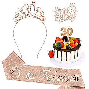 Hapdoo 30th Birthday Decorations women, Including 30th Birthday Rhinestone Headband Crown, 30&Fabulous Sash with Pearl Pin, Happy Birthday Cake Topper and Number Candles, 30th Birthday Gifts for women