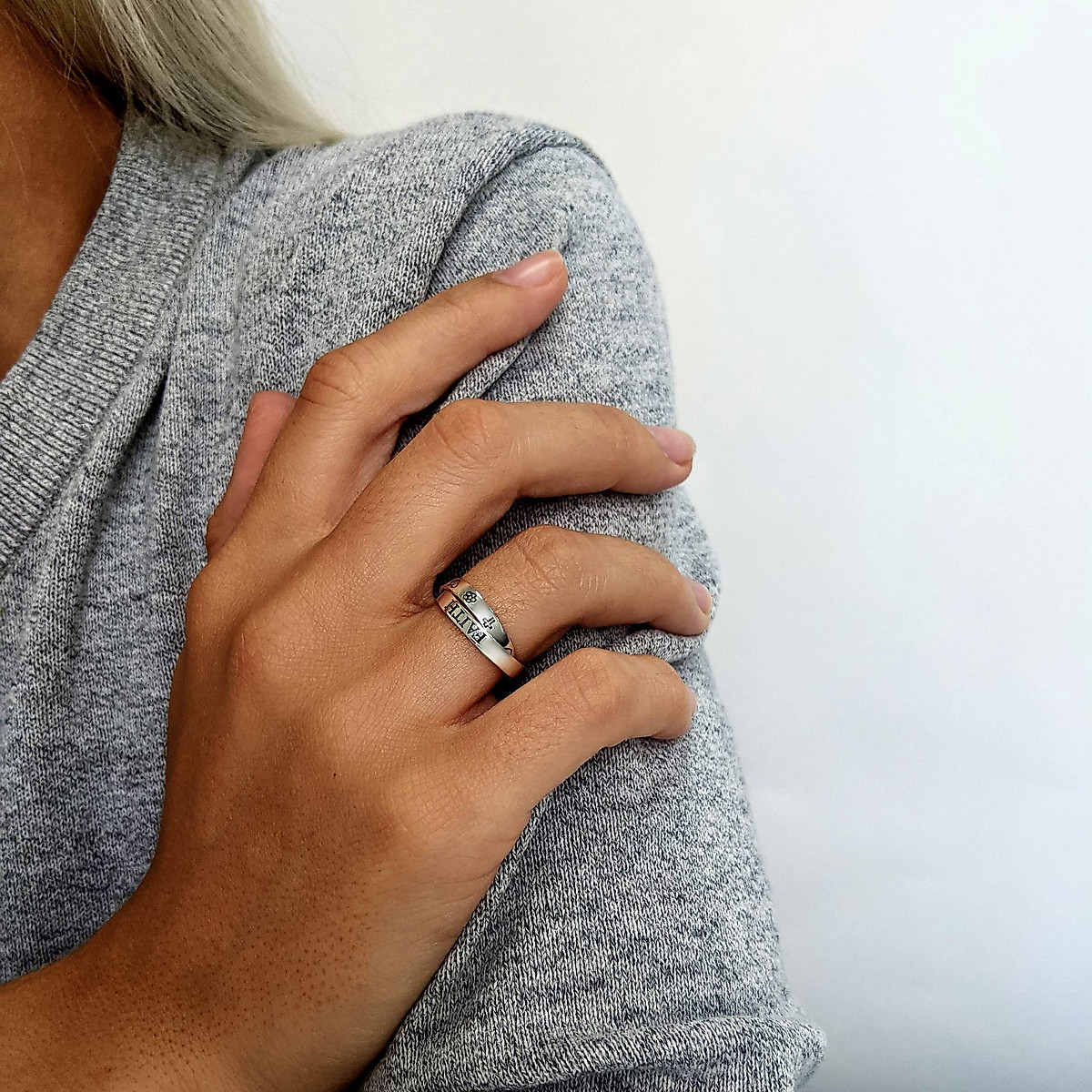 Silverly 925 Sterling Silver Rings for Women With Love Faith Hope Engraved - Cute Heart & Flower Double Silver Band Rings for Teen Girls - Russian Style Multiband Ring