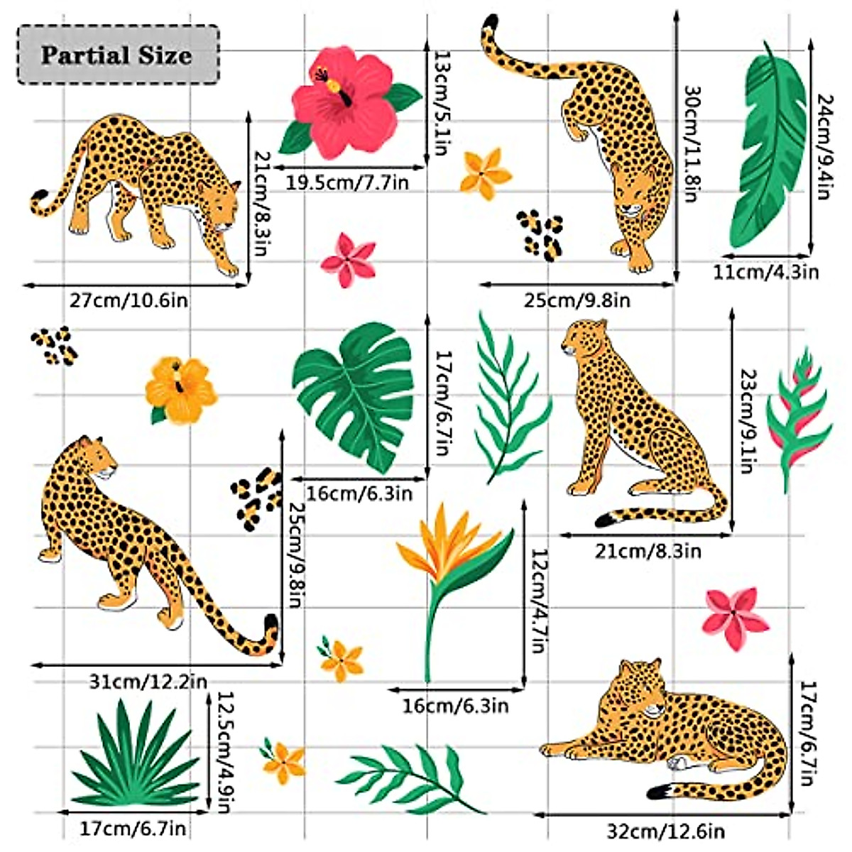 WOYINIS Leopard Cheetah Jaguar Wall Decal Stickers DIY Palm Leaves Plants Flowers Wall Decals Removable Peel & Stick Tropical Wall Decals for Living Room Bedroom Playroom Classroom Nursery Wall Decor