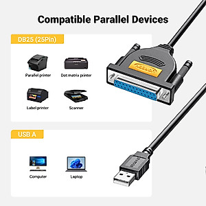 UGREEN 6ft USB to DB25 Parallel (25 Pin) Printer Cable Adapter 6FT Male to Female Connector DB25 IEEE 1284 Converter for Old Printer Support Windows 7/8/10/11/Mac/Linux