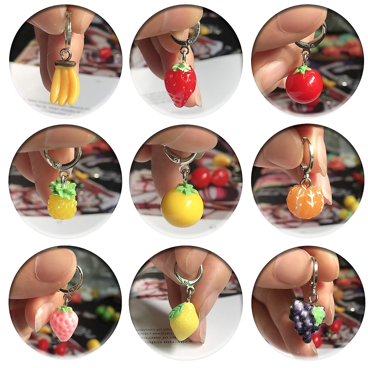 DAMLENG 12 Pairs Creative Cute Simulation Fruits Dangle Drop Earrings Sets Statement Handmade Lemon Strawberry Hoop Earrings For Women Jewelry Gifts (12 Pairs Fruits Earrings)