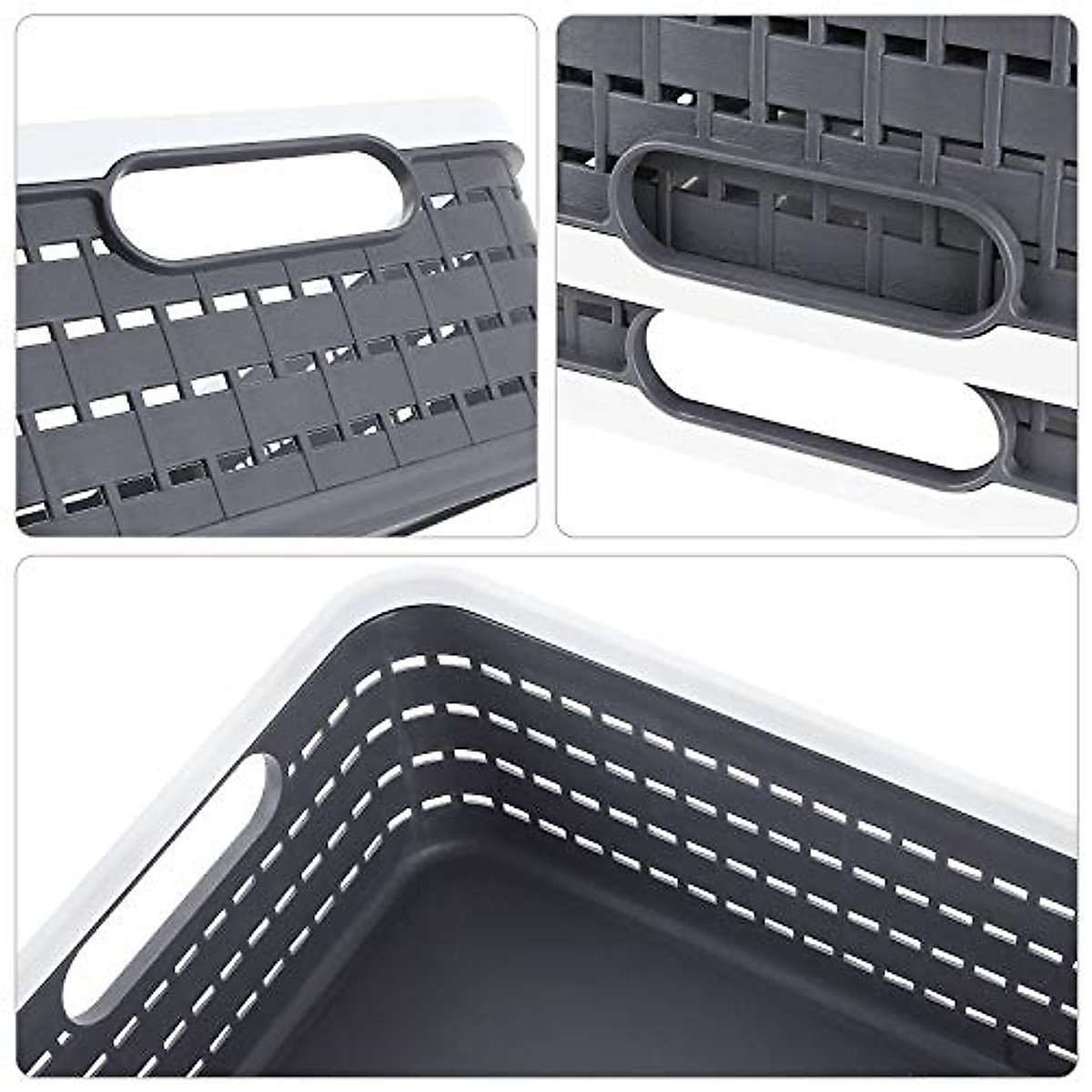 CertBuy 3 Pack Plastic Storage Baskets 14 x 10 x 4.5 Inch, Large Weave Storage Bins with Handle for Cabinet, Shelf, Kitchen, Bedroom, Bathroom and Office – Dark Grey