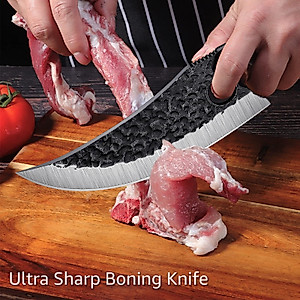 TOMBRO Huusk Knife Forged Viking Knives Sharp Boning knife, Handmade Caveman Knife, High Carbon Steel Butcher Knives with Sheath, Japanese Chef Knife for Kitchen, Camping