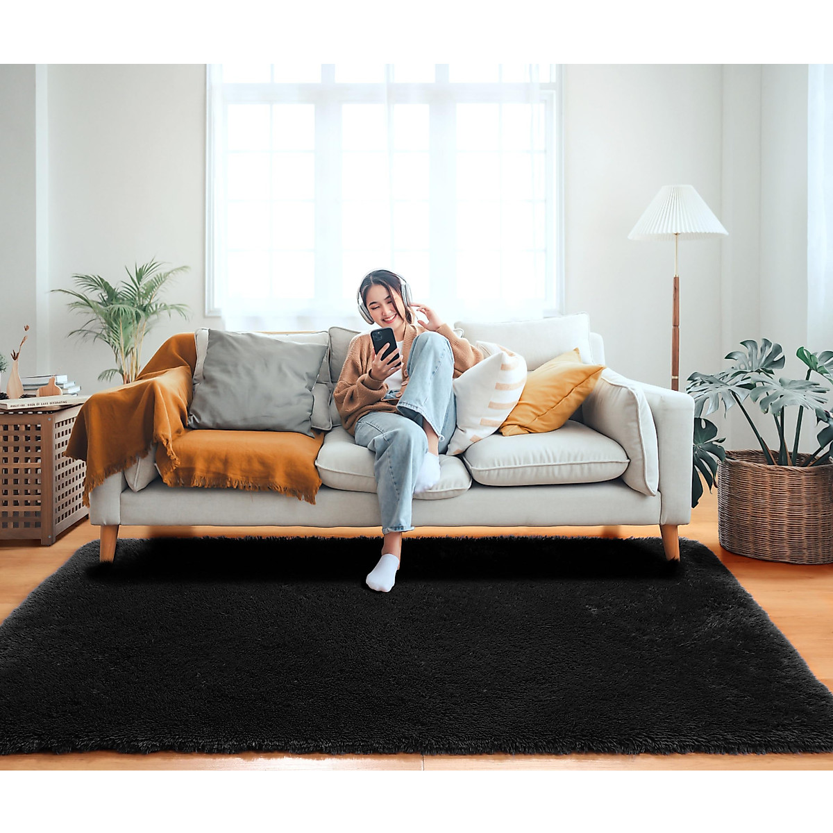 ONASAR Machine Washable Black Area Rug for Bedroom Living Room, 4x6 Fluffy Modern Indoor Bedside Floor Rugs, Ultra Soft Plush Carpet for Nursery Kids Teen Dorm Home Office Decor Aesthetic