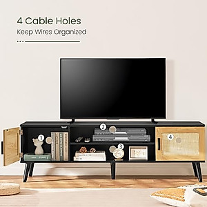 Quimoo Rattan TV Stand for 70 Inch TV, Entertainment Center, TV Console with Adjustable Shelf & 2 Cabinets, TV Stands for Living Room, Bedroom, Black+Natural