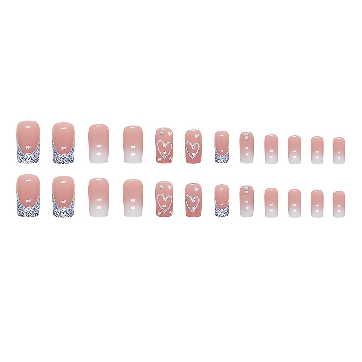 SINSEN Square Press on Nails Medium Length - French Tip Press on Nails Heart Deign, Glossy Pink Fake Nails with Adhesive Glue Stickers, Reusable Stick on Nails in 12 Sizes, 24 Pcs Medium French Nails