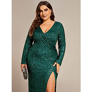 Ever-Pretty Women's Plus Size Curvy Elegant Sequin V Neck Floor-Length Bodycon Evening Party Gowns Deep Green US24
