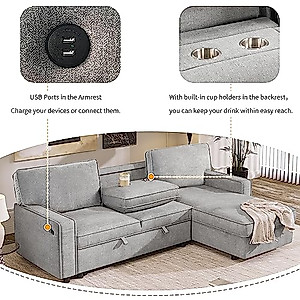 LUMISOL 89" Convertible Pull Out Sleeper Sofa Bed, L-Shaped Sectional Sofa with Reversible Storage Chaise, Reversible Sofa Couch with Cup Holders and USB Ports for Living Room, Small Apartment