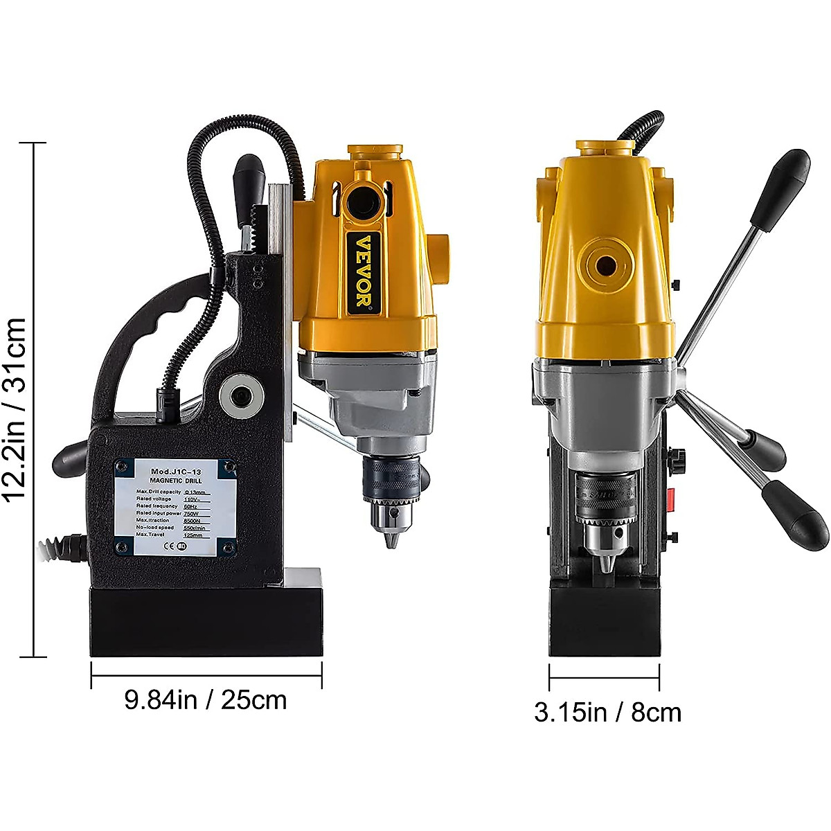 VEVOR Magnetic Drill, 550RPM No-load Speed Electromagnetic Drill Press, 2.16" Depth 1.57" Dia Magnetic Core Drill, 2700LBS Boring Tool Drill Press, w/ 1100W Drill Press, Yellow and Black Drill Machine