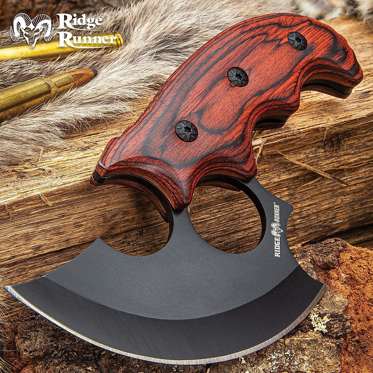 Ridge Runner Modified Ulu Knife with Sheath - Non-Reflective Curved Stainless Steel Blade, Reddish-Brown Wooden Handle Scales, Nylon Belt Sheath -Unique Blade for Hunters - 6 1/2" Overall