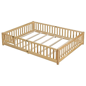 Bellemave Queen Size Floor Bed with Door,Kids Montessori Floor Bed with Slats and Fence,Solid Wood Queen Bed Frame for Girls Boys(Queen,Natural)