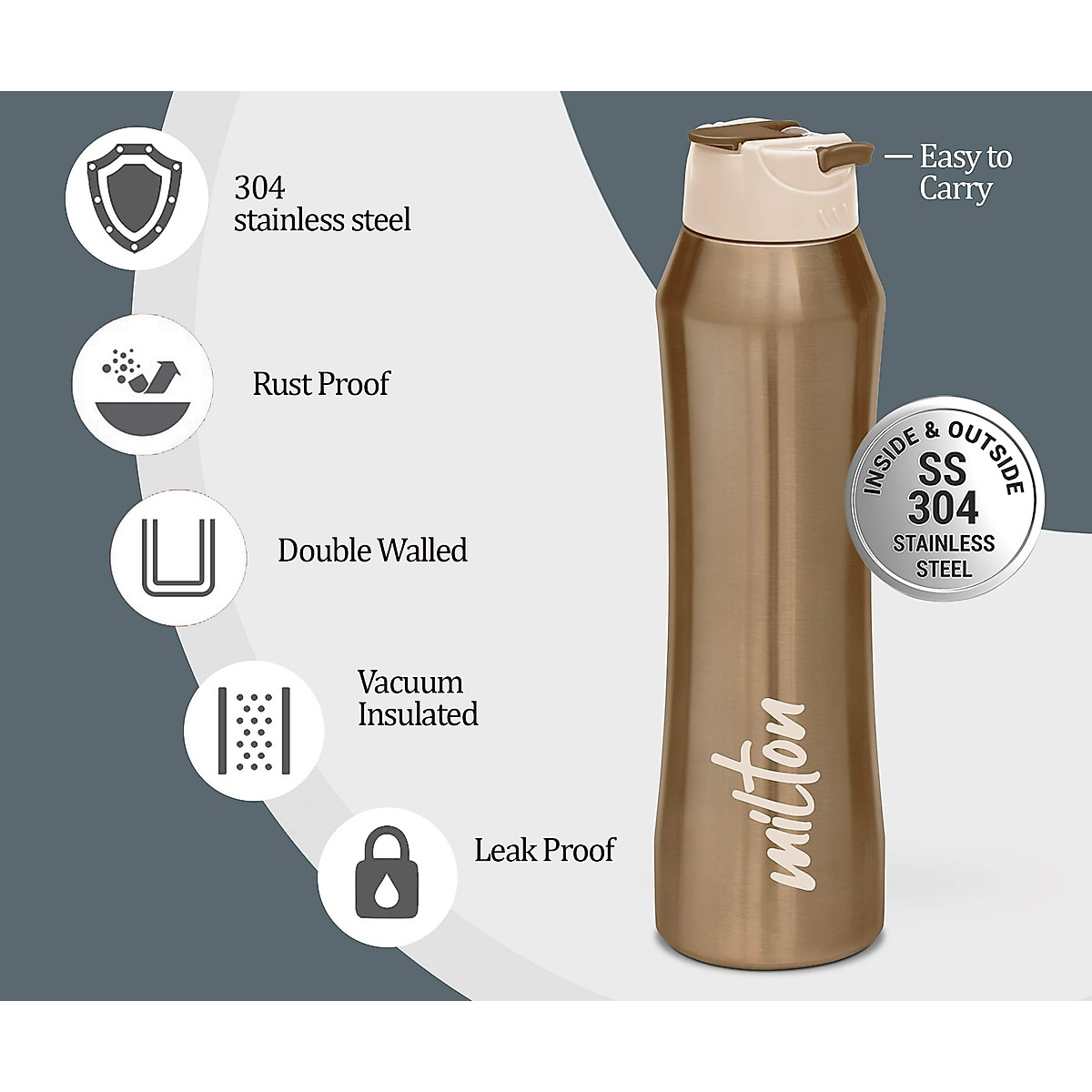 Milton Stark 900 Thermosteel 24 Hours Hot or Cold Water Bottle, 790 ml, Brown