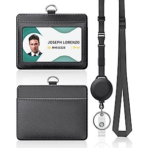 Uniclife Horizontal Leather ID Badge Holder and Retractable Adjustable Lanyard Breakaway Neck Lanyard with Retractable Badge Reel Quick-Release Buckle and Card Protector for Workers Students Employees