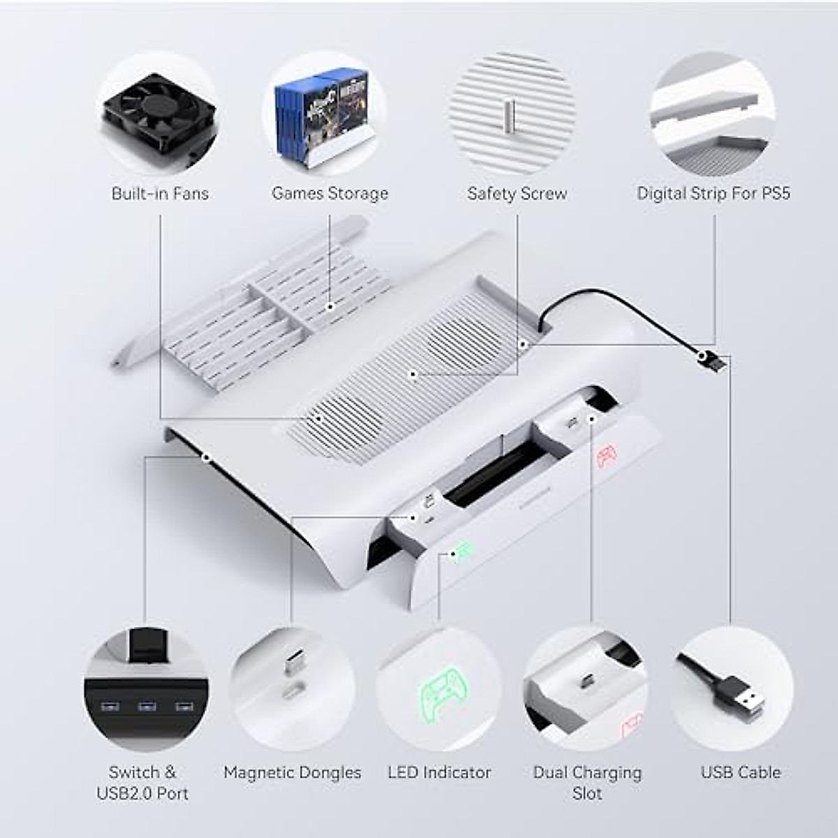 KIWIHOME Cooling Station for PS5 Accessories, Upgraded Controller Charging Station with Magnetic Dongles, Vertical Stand with RGB for Old PS5 Version Only, Not for PS5 Slim and New PS5 Pro