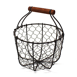 CVHOMEDECO. Round Chicken Wire Egg Basket Fruit Basket with Wooden Handle Primitives Vintage Gathering Basket. Rusty