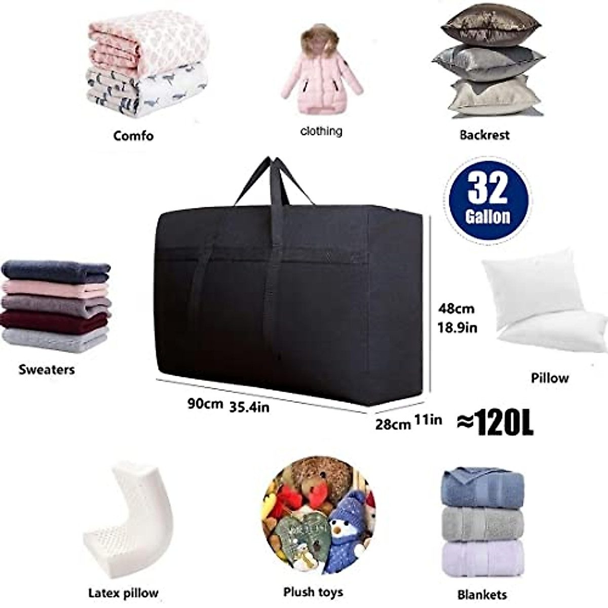 Evealyn Moving Bags Heavy Duty Extra Large 120L, Waterproof Luggage Storage Bags with Totes ,College Storage Bags Packing bags for Moving with Zippers for Clothes,Space Saving College Carrying Bag 2 Pack (Black)