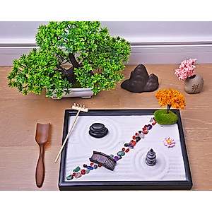Japanese Zen Garden Kit - Mini Garden with Rock Bridge Pagoda Maple Trees Agate Stones - Meditation Gift Set for Relaxation - Home & Office Desk Decor with Rake Tools and Zen Accessories,Black