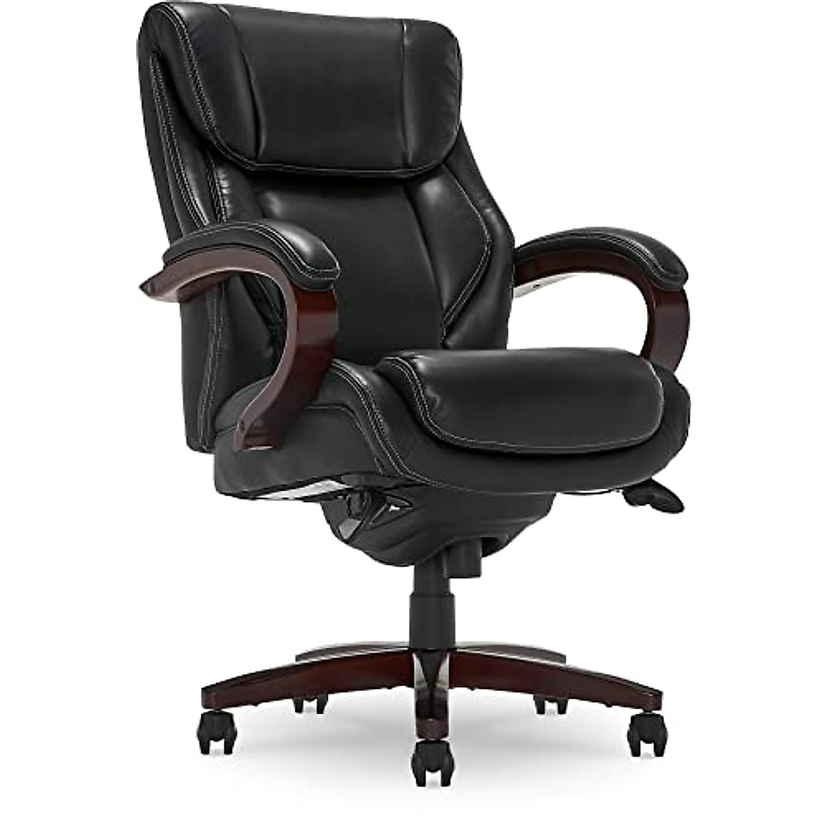 La-Z-Boy Bellamy Executive Office Chair with Memory Foam Cushions, Solid Wood Arms and Base, Waterfall Seat Edge, Bon, Black
