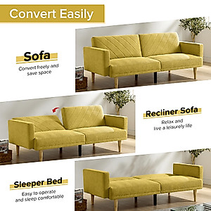 Tilly Lin Multi-Functional Futon Sofa Bed :Tapered Wood Legs - Ideal for Small Living Rooms - Multi-Color Fabric Options - Easily Converts to Single Bed, Yellow