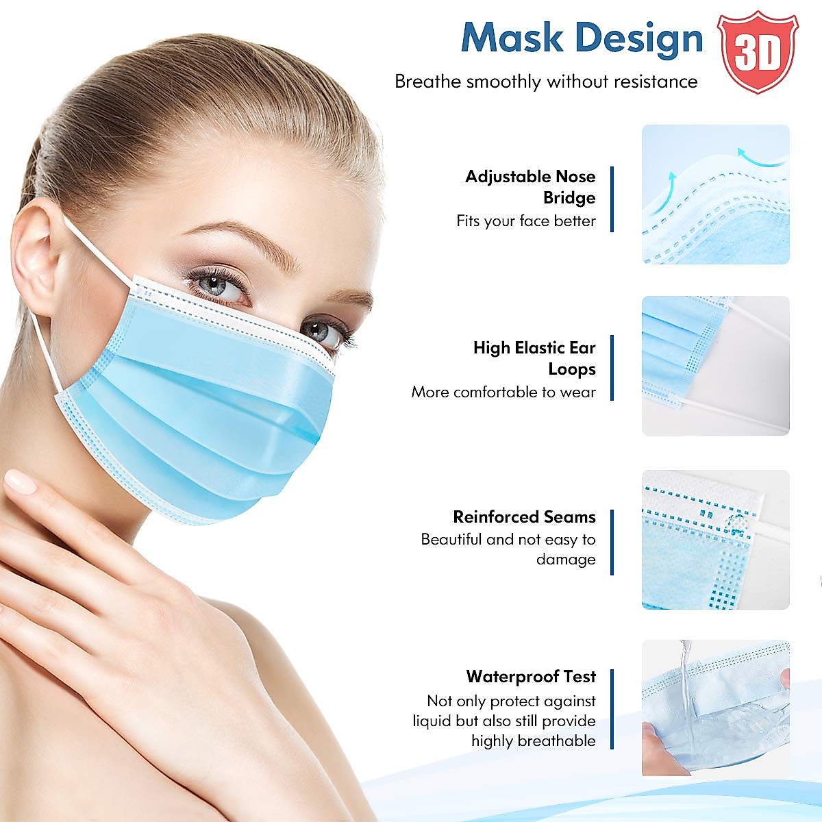 Disposable Face Mask Adult Breathable Mask with Nose Clip Ear Loop 100 Pack Blue