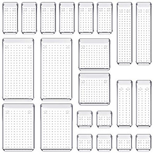 SMARTAKE 22-Piece Drawer Organizers, 7 Sizes Desk Drawer Dividers with Non-Slip Pads, Plastic Dresser Storage Tray Sets, Cosmetic Makeup Jewelries Trays, for, Kitchen, Office, Home, Bathroom (Clear)