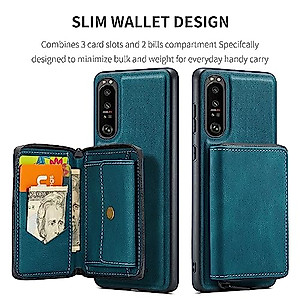 Asuwish Phone Case for Sony Xperia 1 III 3 / Experia1iii 5G Wallet Cover with Tempered Glass Screen Protector and Credit Card Holder Zipper Stand Leather Cell Experia 1III 5G XQ-BC72 Women Men Blue